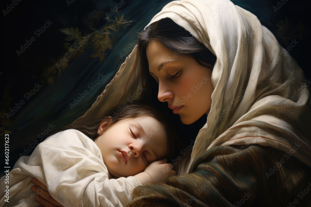 Religious Mother Mary Holding Baby Jesus Christ, Generative AI Stock ...