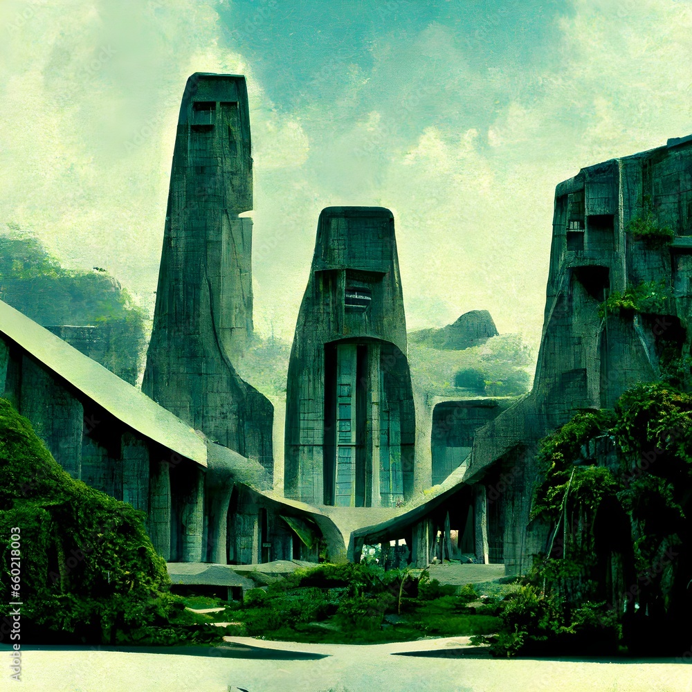 concrete brutalist architecture full building view facade isometric ...