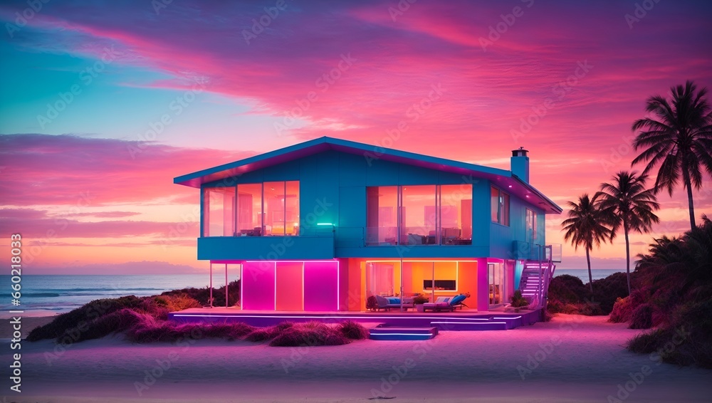 Blue, pink and orange home or house producing fluorescent lights on the ...