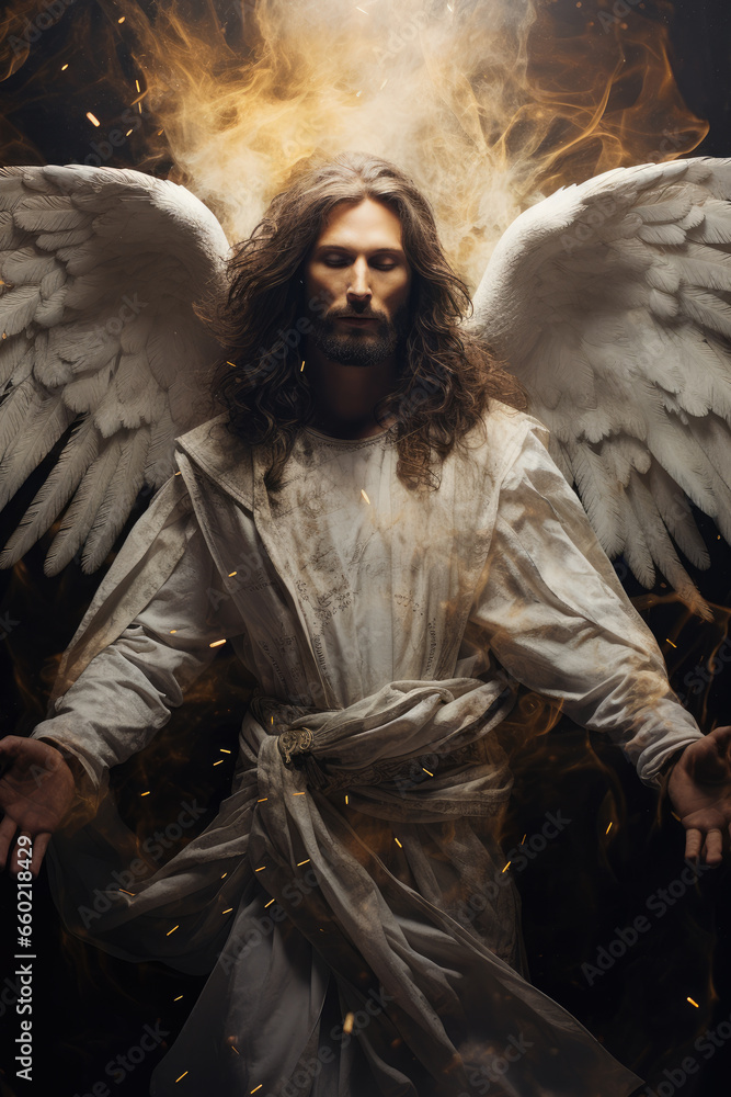 Jesus Christ with Wings, Arms Out, Angle, Generative AI Stock ...