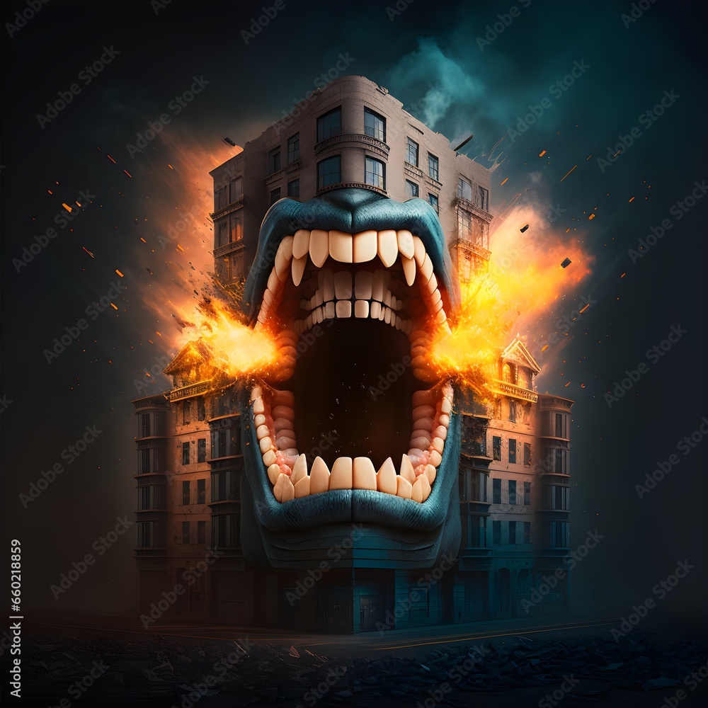3D building face with big mouth out and angry face with dark background ...