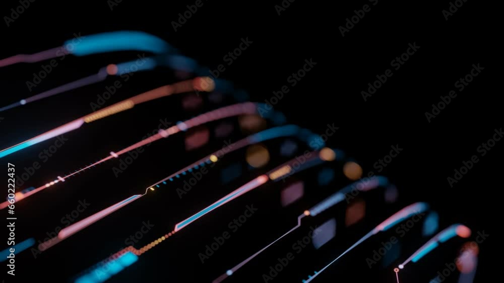 Seamless loop of trailing blur bokeh lights. Representing binary data transfer or transmitting ...