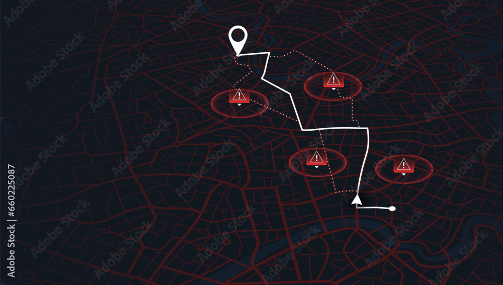 Map of the route with data on the distance, turns of the route. Blocked ...
