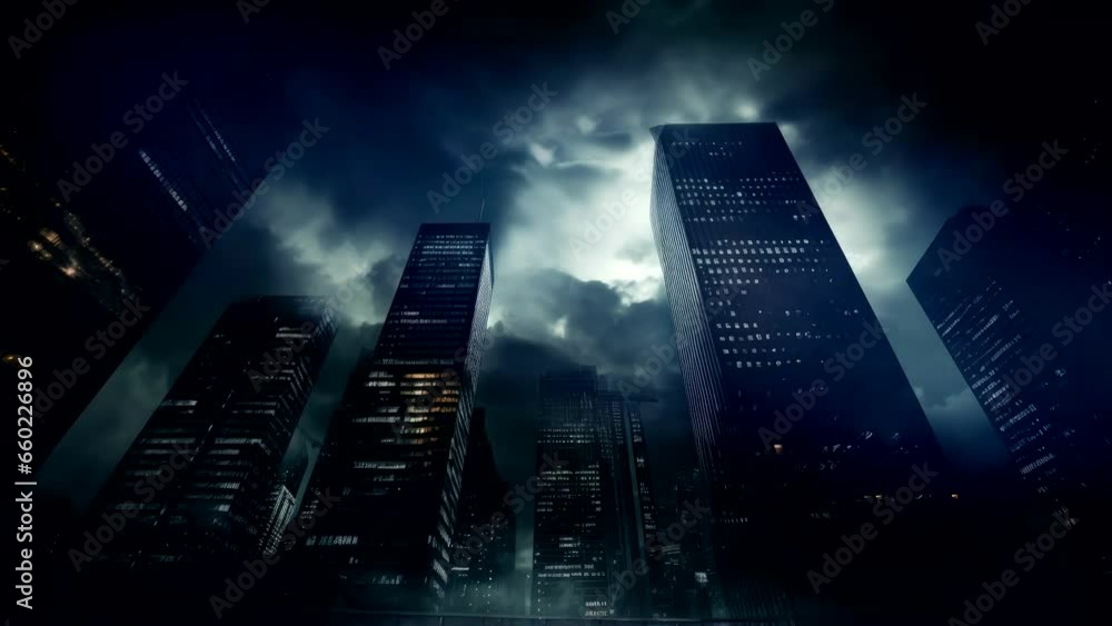 lightning thunder strike in cityscape skyscraper building in dangerous ...