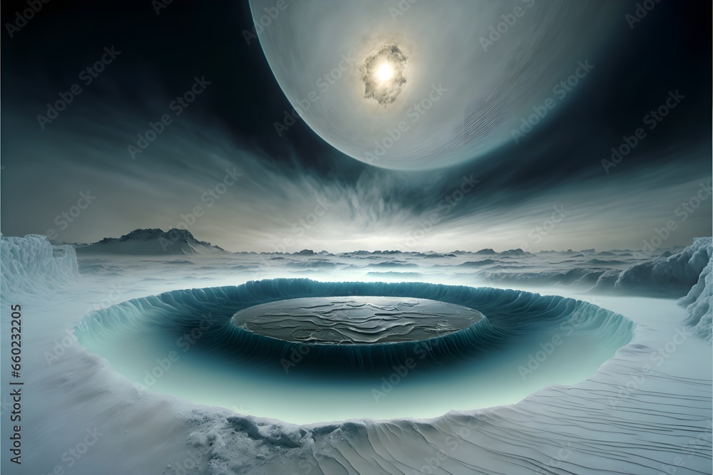 surface of an ice planet with saturn in the sky polar arctic circle ice ...