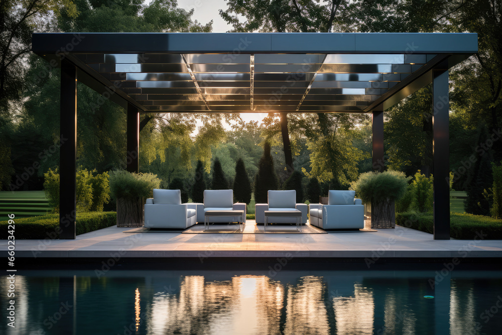 Modern patio furniture include a pergola shade structure, an awning, a ...