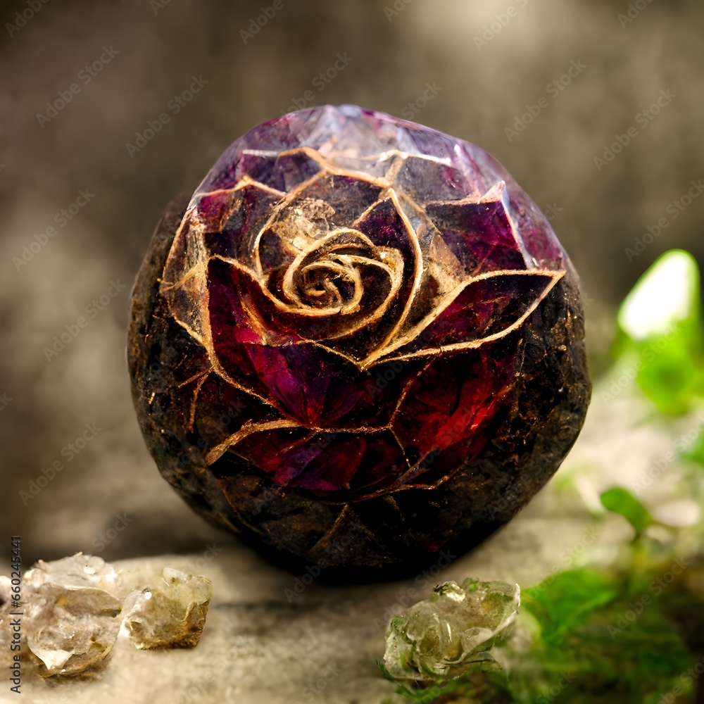 Gemstone rose breaking out of dragon egg vines crystals wood background ...