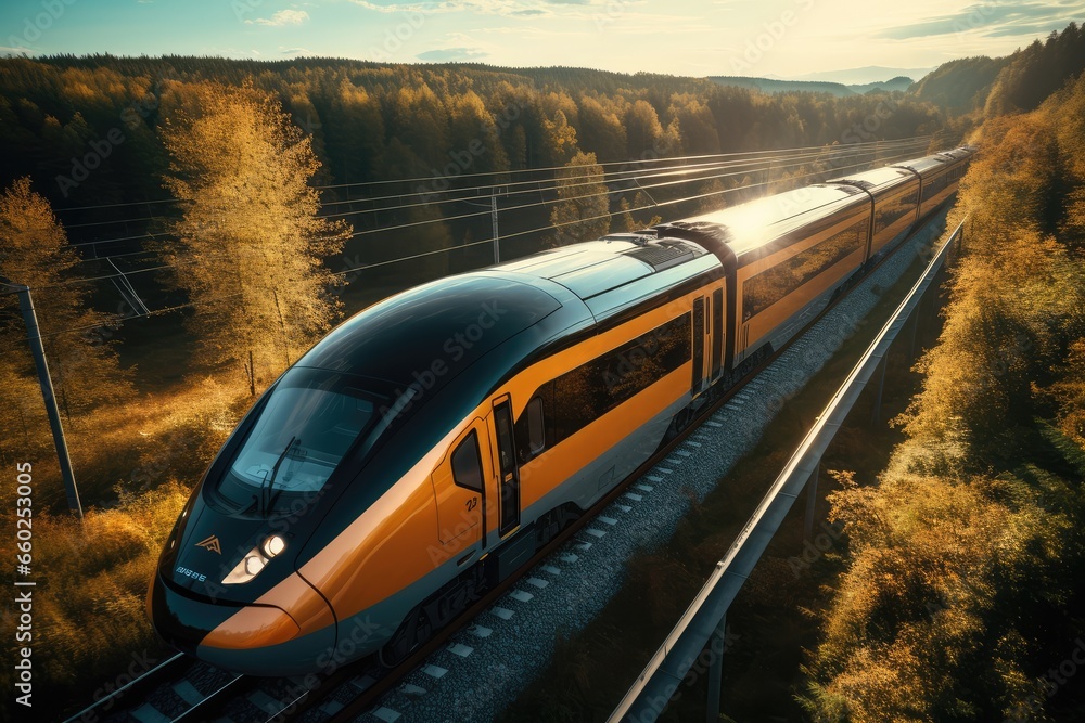 High speed train in motion on high speed railway. The train rushes ...
