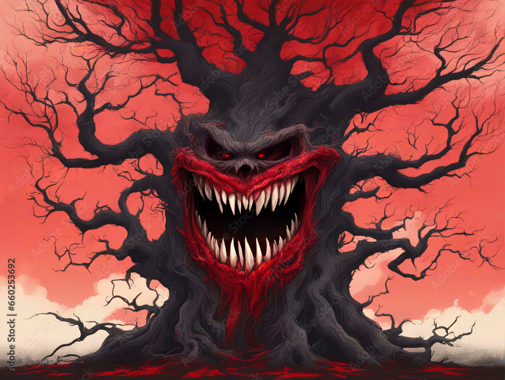 Red halloween monster tree with huge mouth and teeth. Stock ...