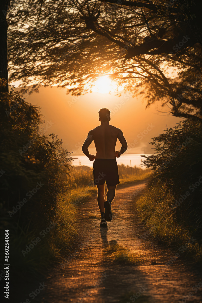 男性, 後ろ姿, 夕焼け, ランニング, 走る男性, 走る男性の後ろ姿, Man, back view, sunset, running ...