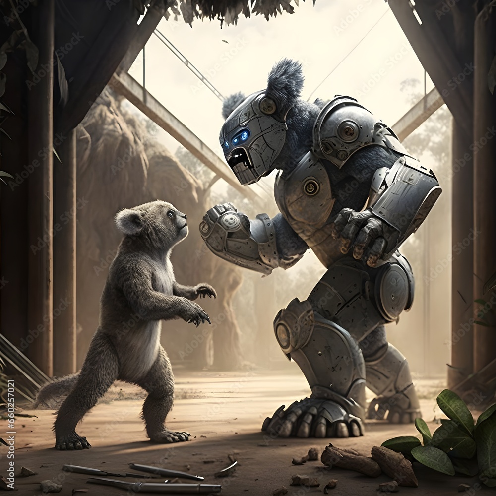 Koala warrior fighting against a cyclops very beautiful place epic ...