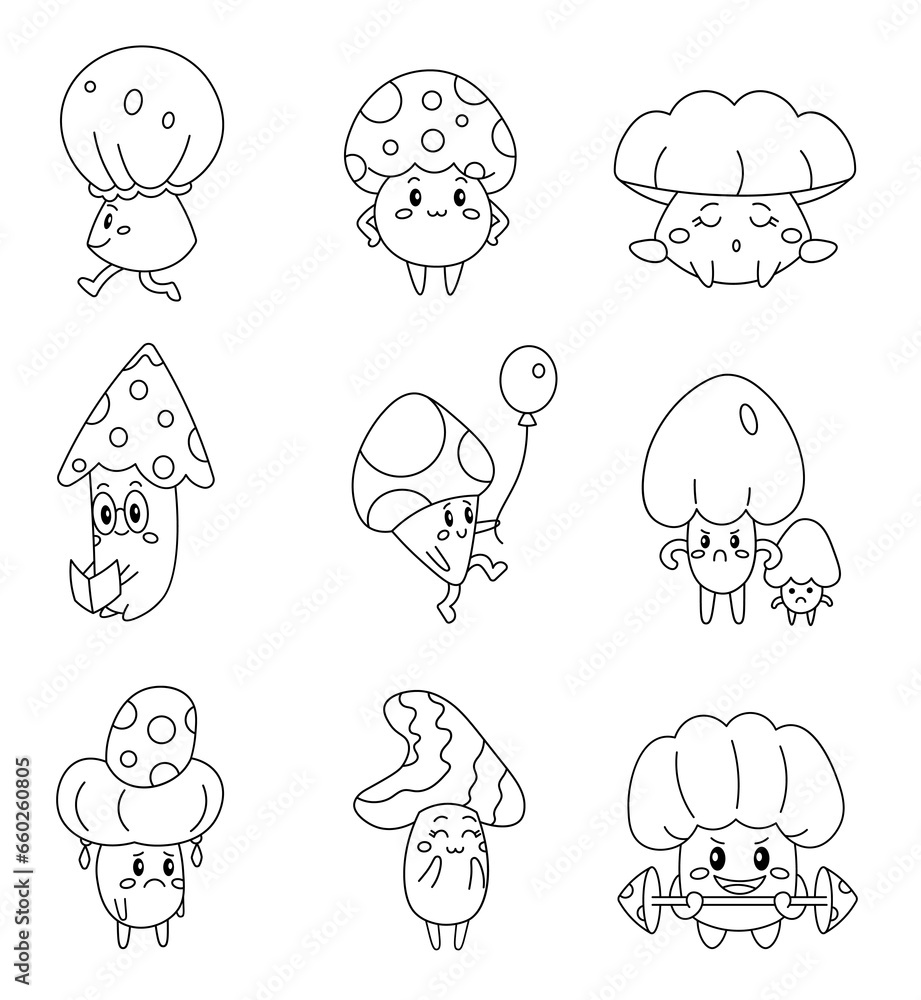 Cute mushrooms characters. Coloring Page. Forest wild fungus in cartoon ...