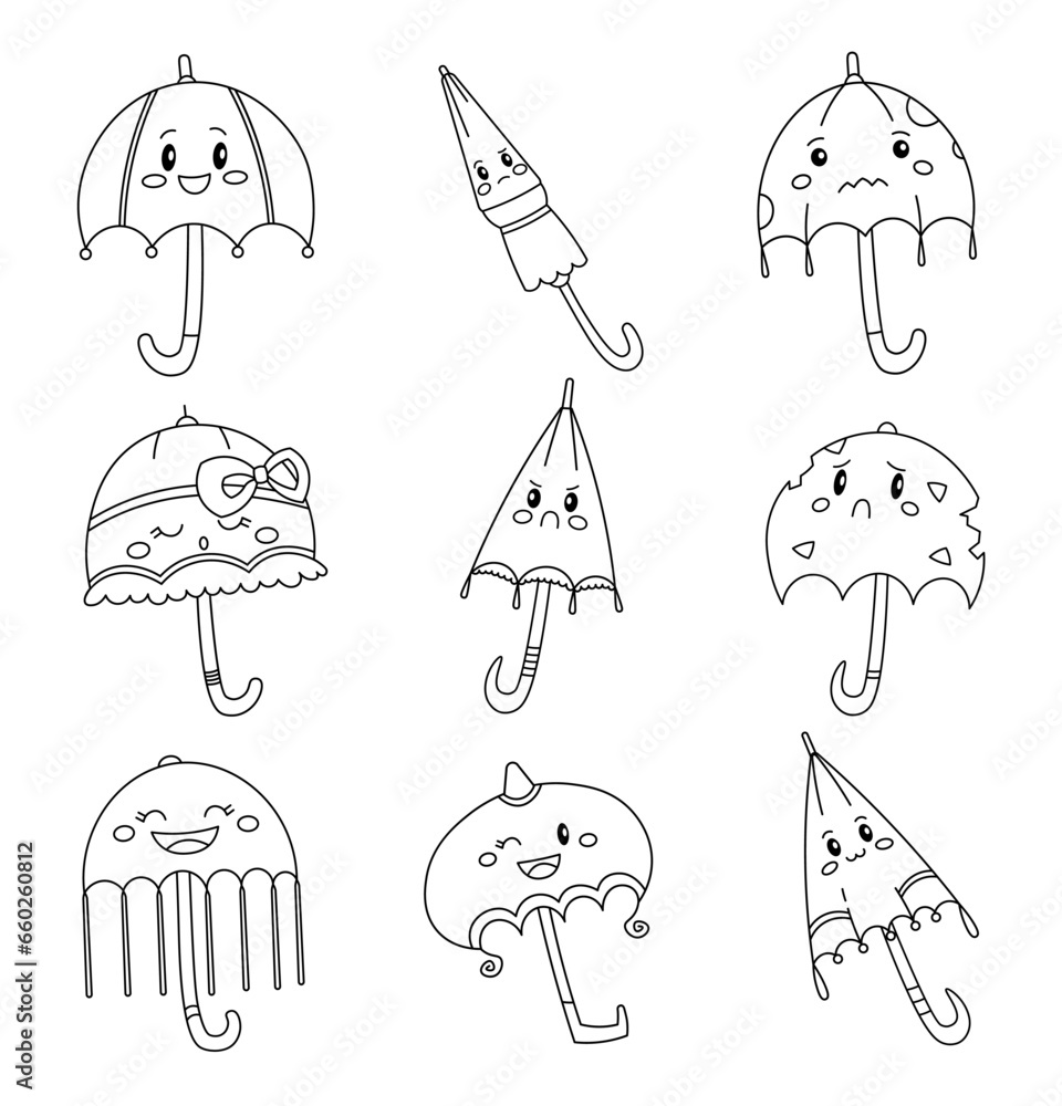 Cute umbrella character. Coloring Page. Weather protection. Vector ...