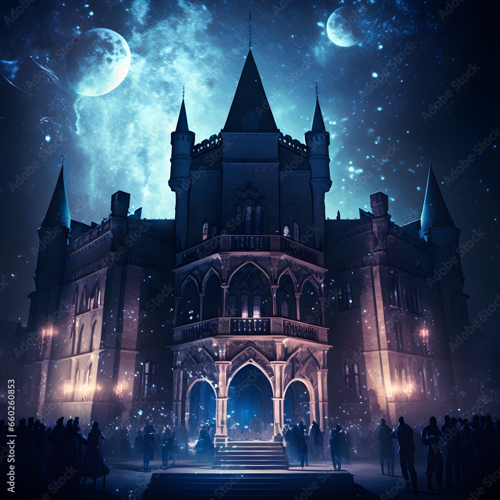 Fanstastic magical castle at night with a sky full of stars and the ...
