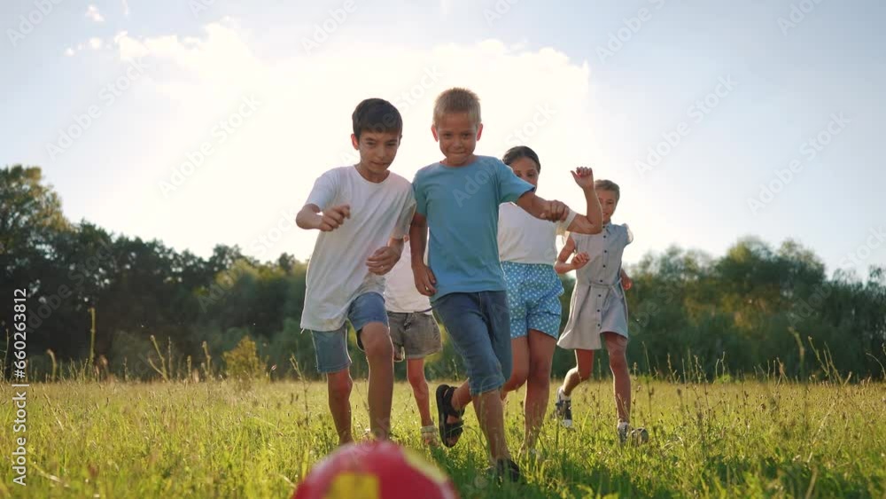 children playing ball in the park. a group of children playing ball at sunset in nature. happy ...
