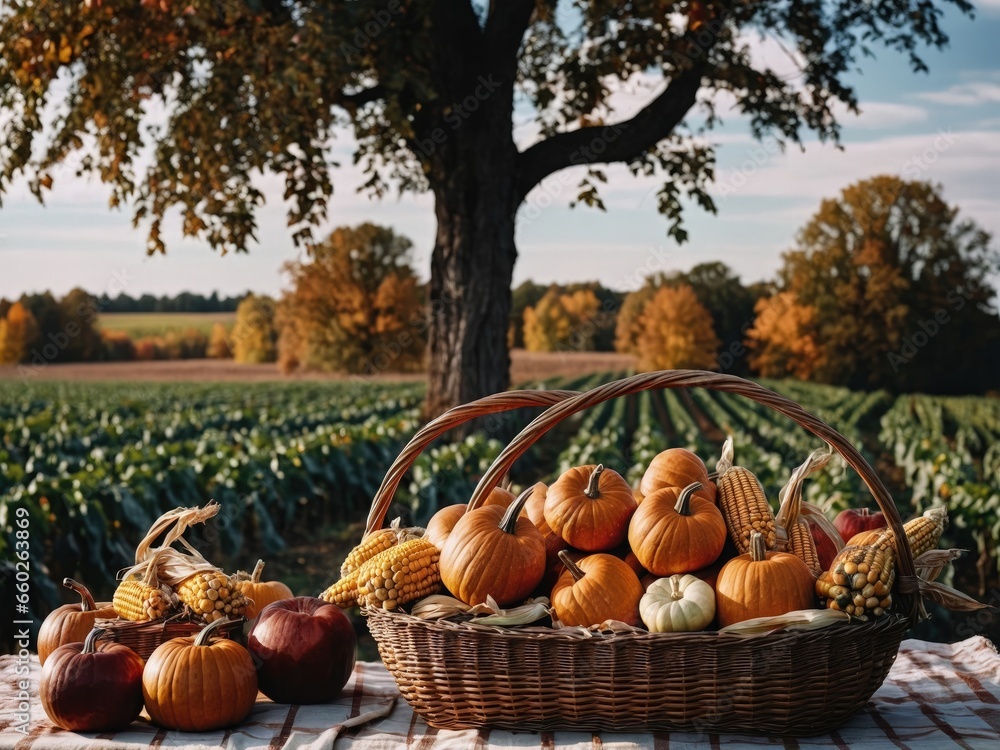 Basket of Pumpkins Cornucopia Fall Harvest Scene, Apples, and Corn on ...