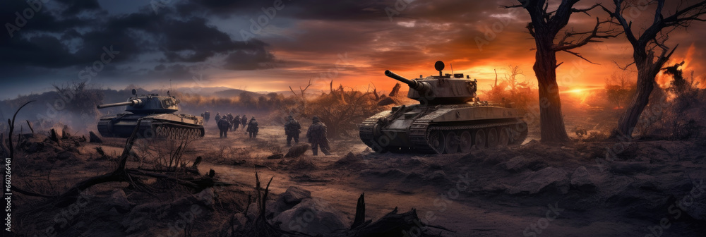 Battlefield, military tanks and dead trees as soldiers march towards of ...