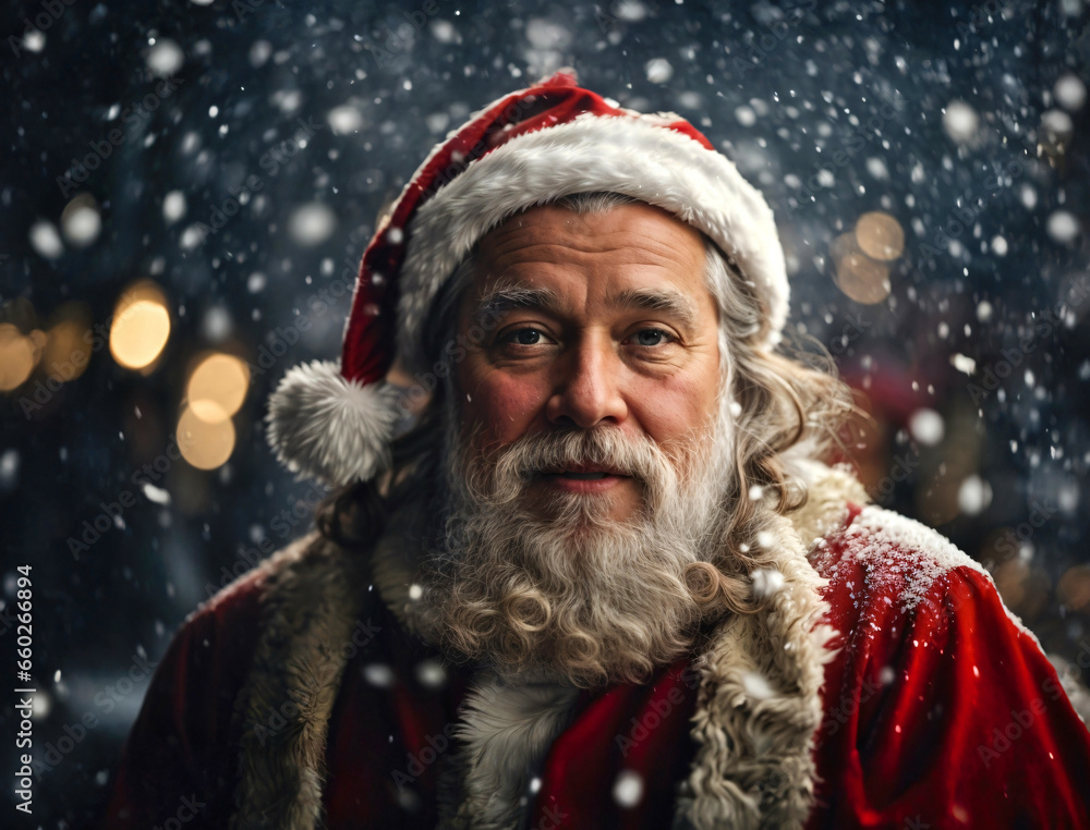 An old man dressed as santa claus standing during snowfall. Stock Photo ...