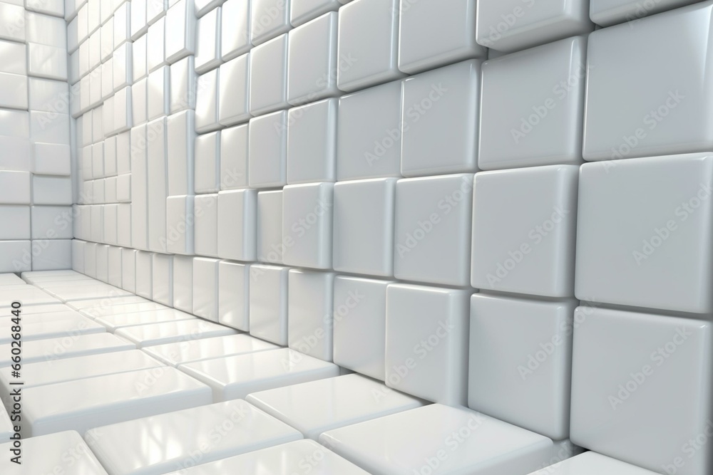Polished, white wall with square tile background. Futuristic 3D blocks ...