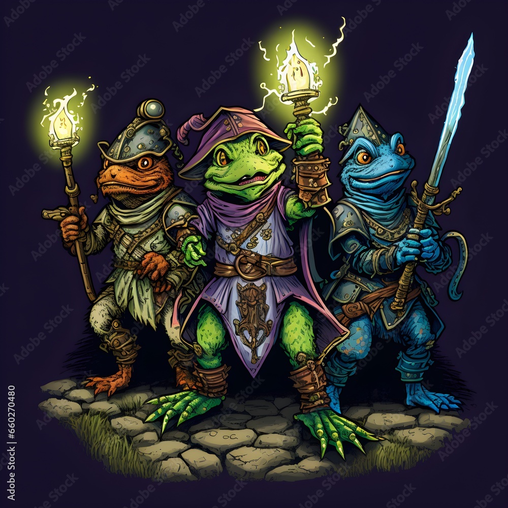 three anthropomorphic frog fantasy adventurers brave armored frog ...