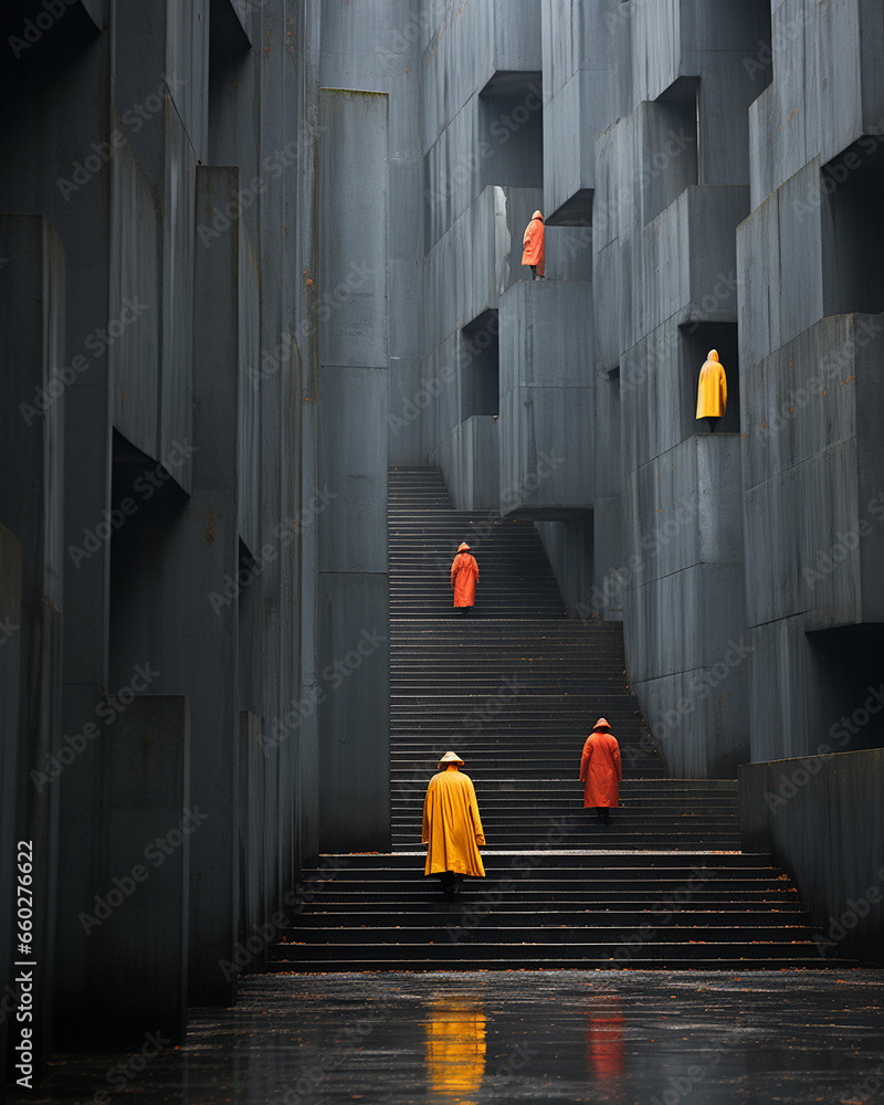 people in colorful clothes in a drab concrete landscape Stock ...