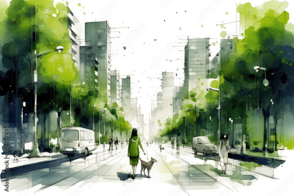 Streets and high-rise buildings of a modern eco-city. Sustainable urban ...