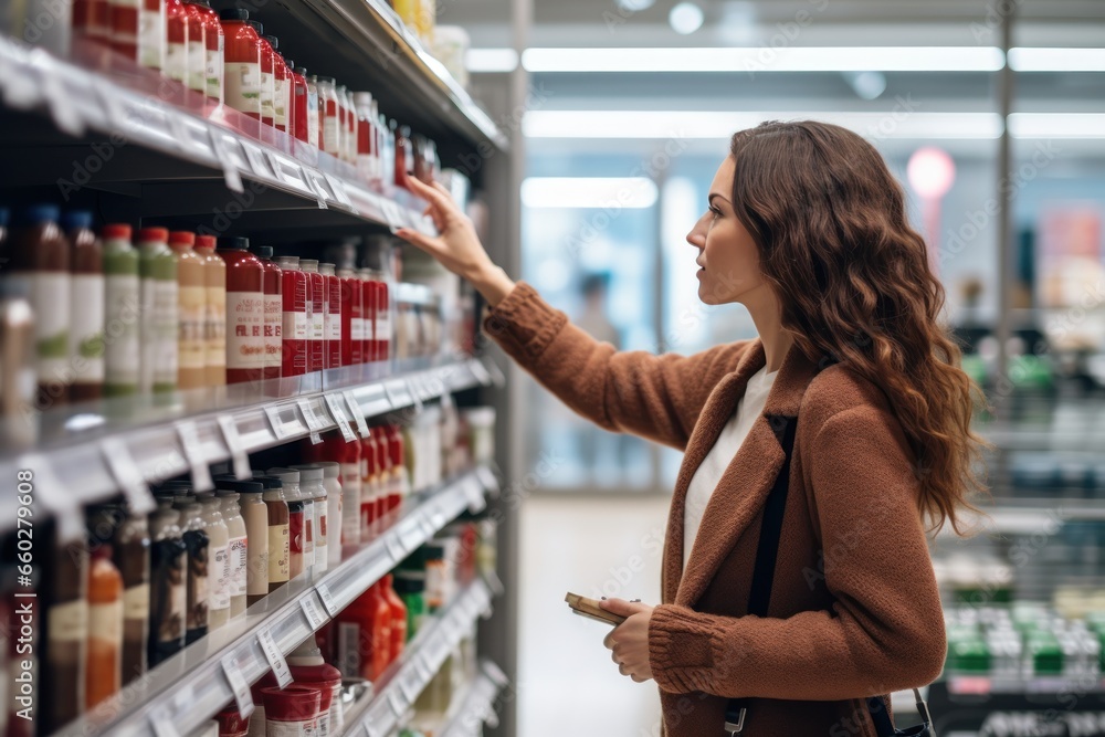 A woman shopping in a supermarket, taking into account nutritional ...