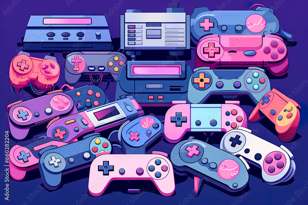 Iconic game consoles from the 90s. Illustrations iconic game consoles ...