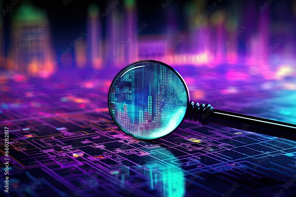 Magnifying glass enlarging the electronic circuit board with processor ...