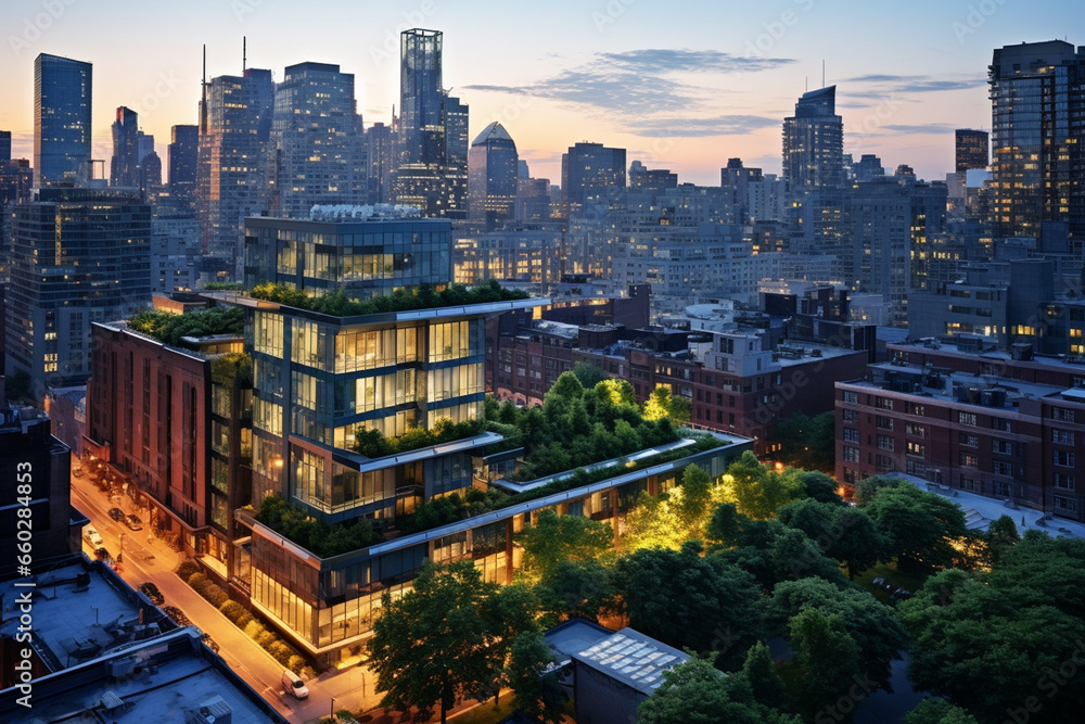 The Sustainable Metropolis: A City's Commercial Hub at Twilight, Each ...