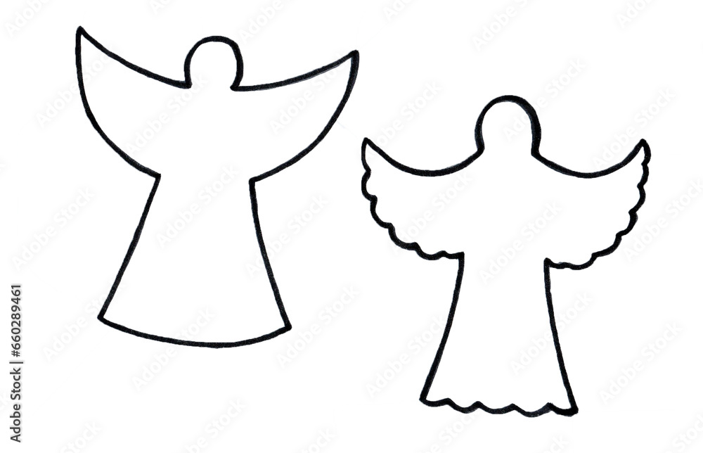 Two different silhouettes of an angel drawn with a black outline on a ...