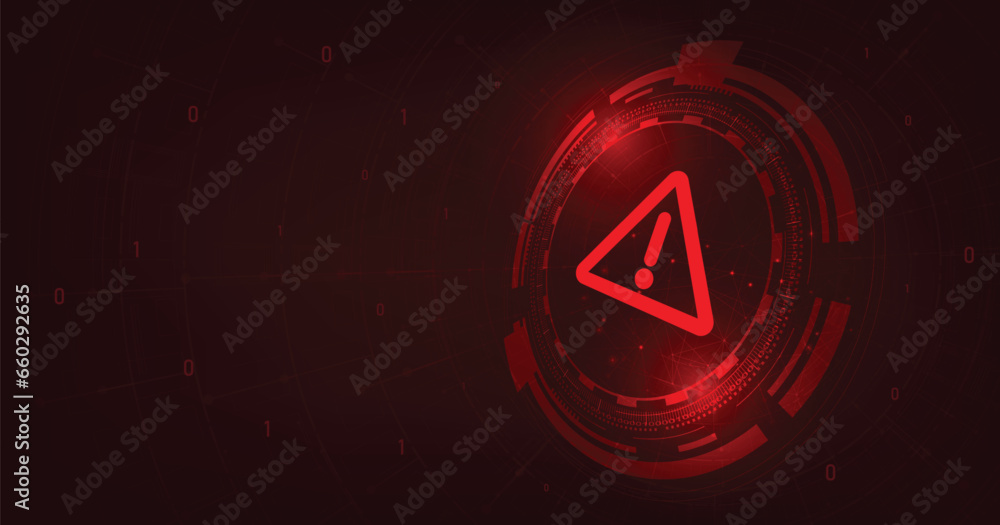 Hacking Concept. Attention warning attacker alert signs with exclamation marks on a dark red ...