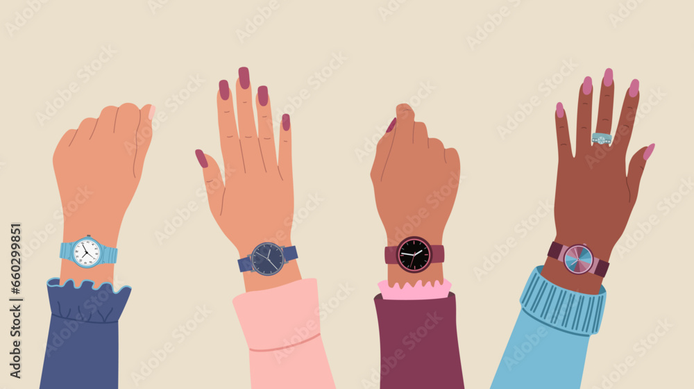 Group of female hands with wrist watches. Fashion clock collection ...
