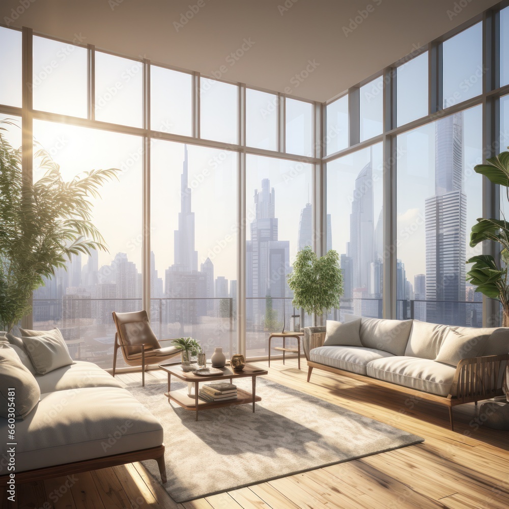 Immersed in the breathtaking dubai skyline, a spacious living room ...