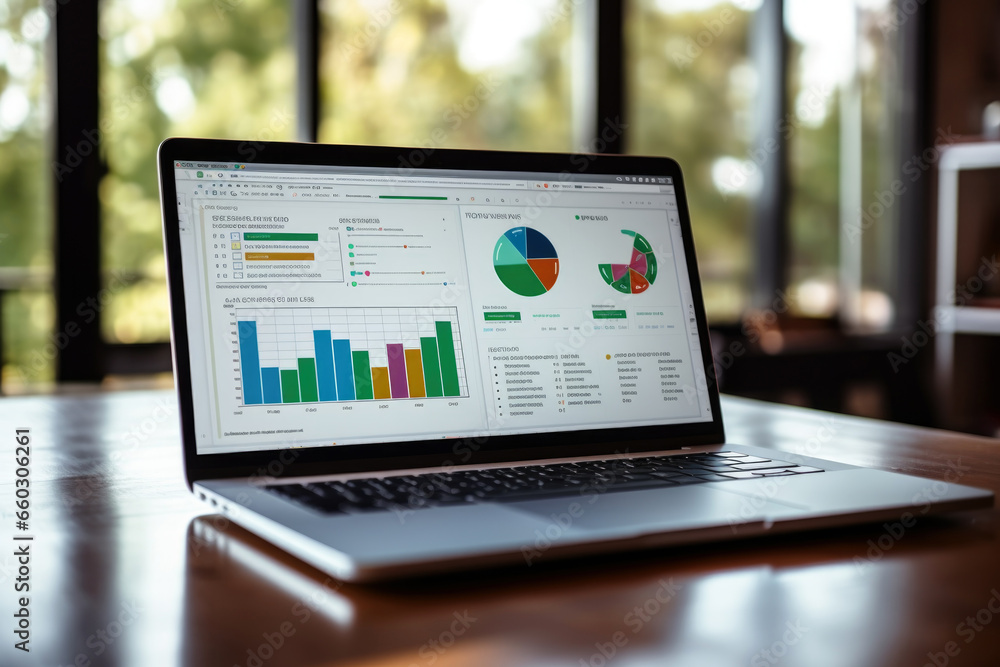 laptop Showing business analytics dashboard with charts, metrics, and ...