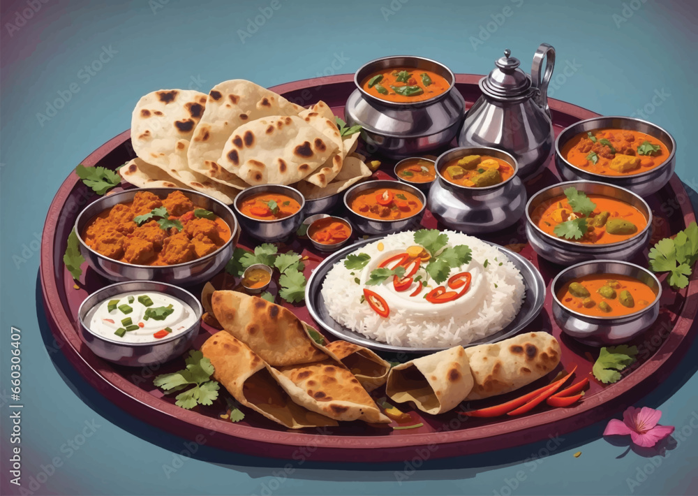 Assorted Indian food like paneer butter masala, dal, roti, rice, sabji ...