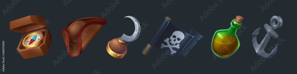 Pirate game ui design elements isolated on background. Vector cartoon ...