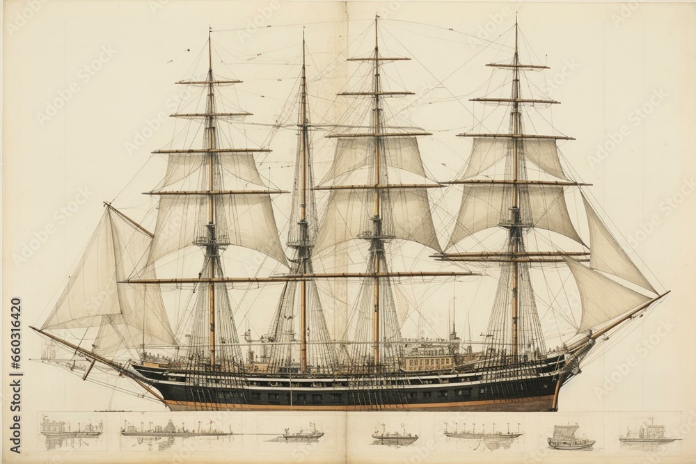19th century sailing ship with 3 masts shown in a cross-section ...