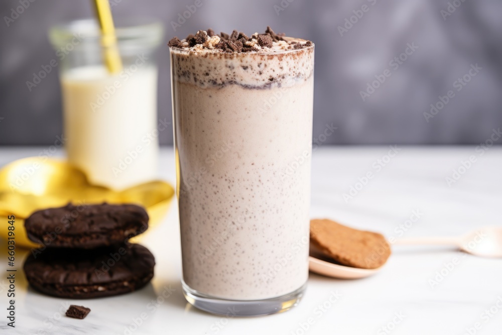 oreo themed milkshake with a whole cookie on top Stock Photo | Adobe Stock