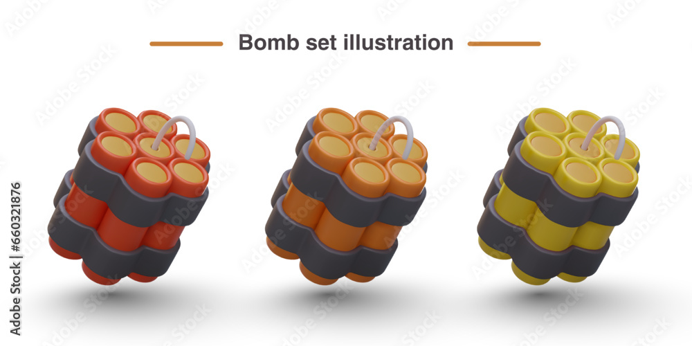 Set of bombs of different colors. Sticks of dynamite, stapled together ...