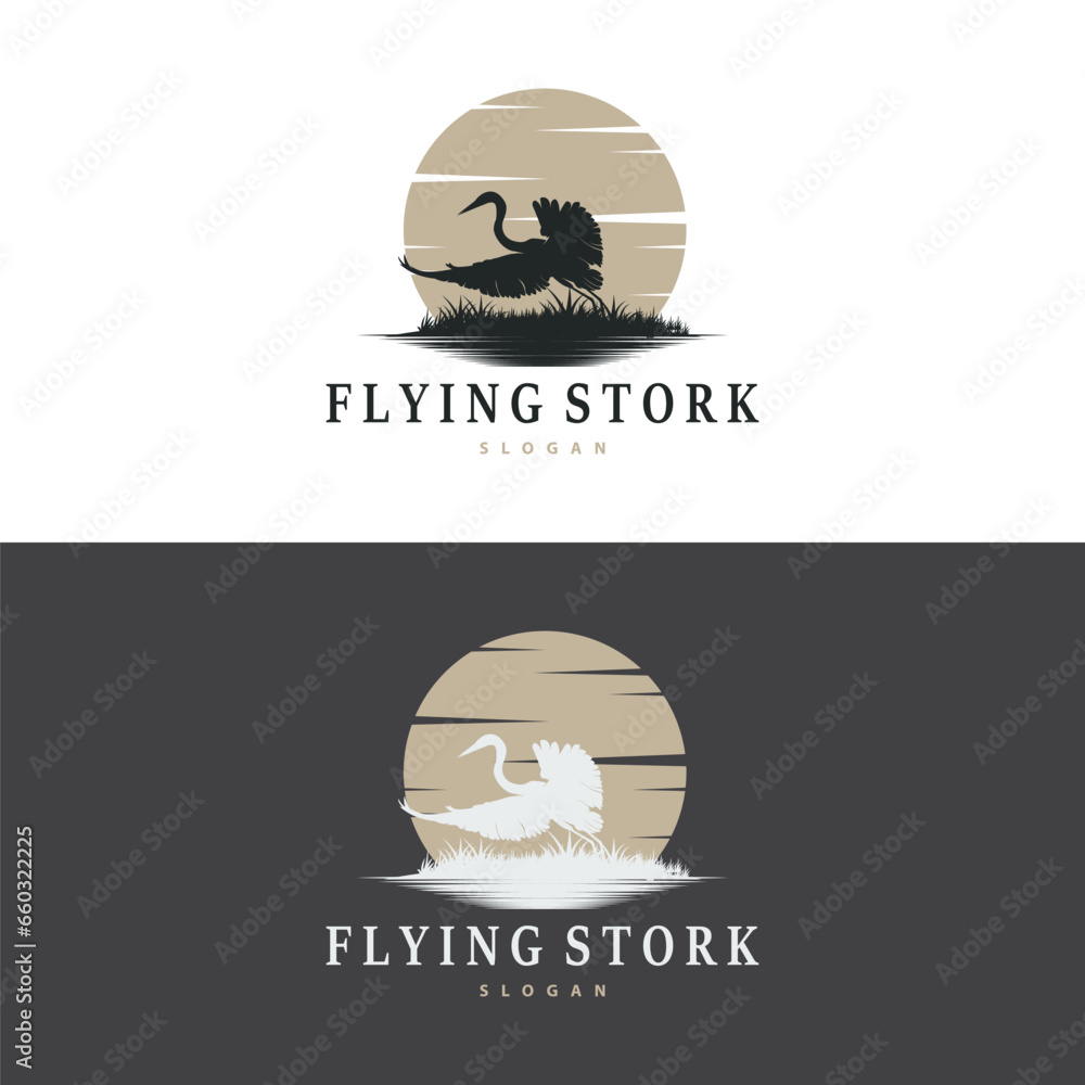 Stork Bird Logo, Heron, Grass, And River Design, Vector Simple Template ...