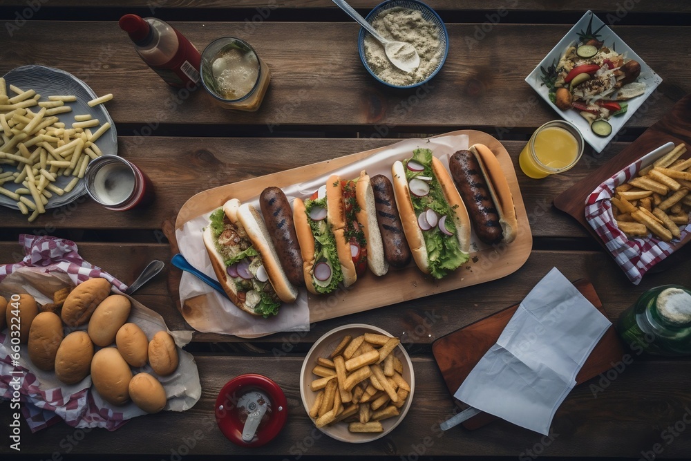 from above of 4th of july feast with burger, hot dog, fas food ...