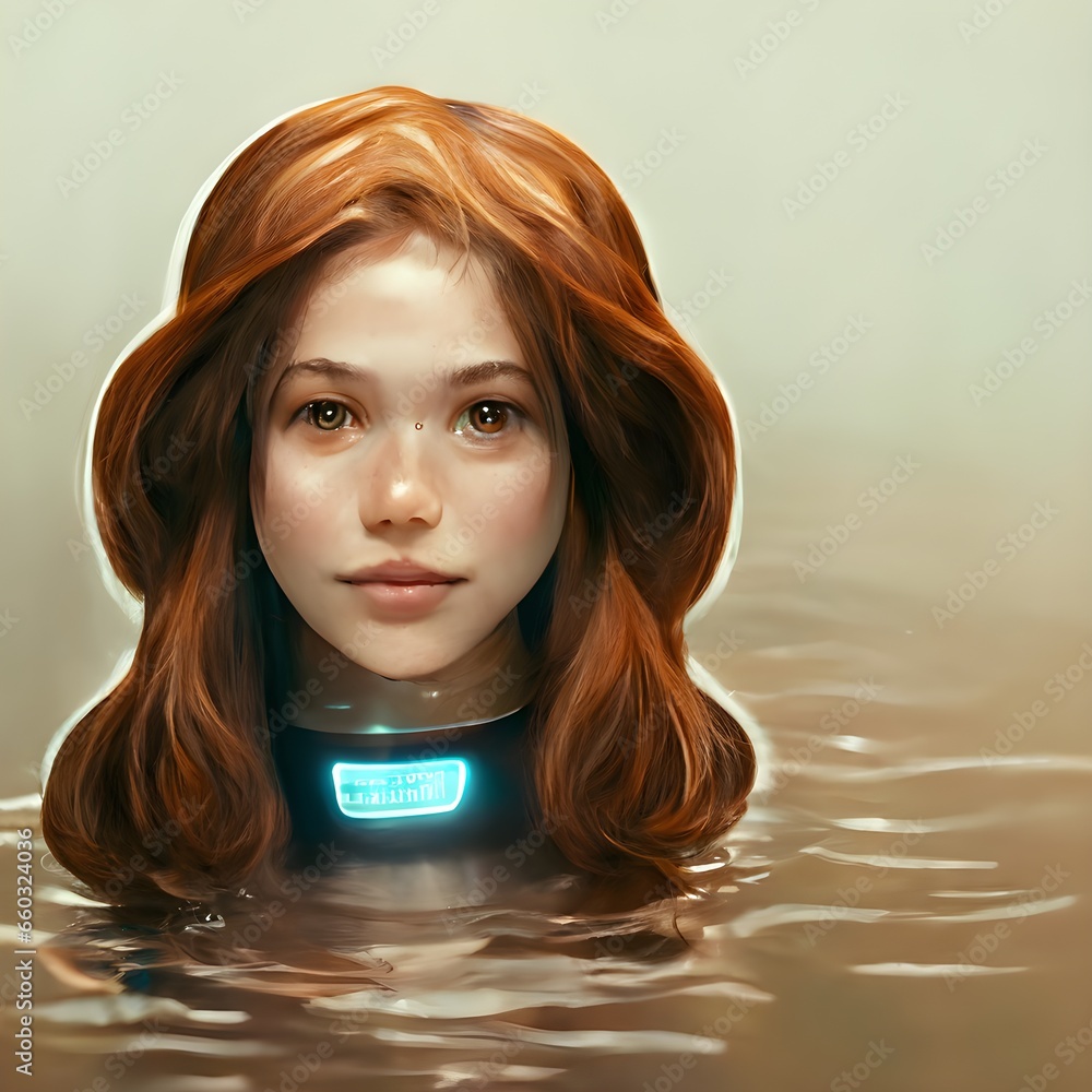 robot mermaid woman swimming with a name tag that says Sarah Abbot ...