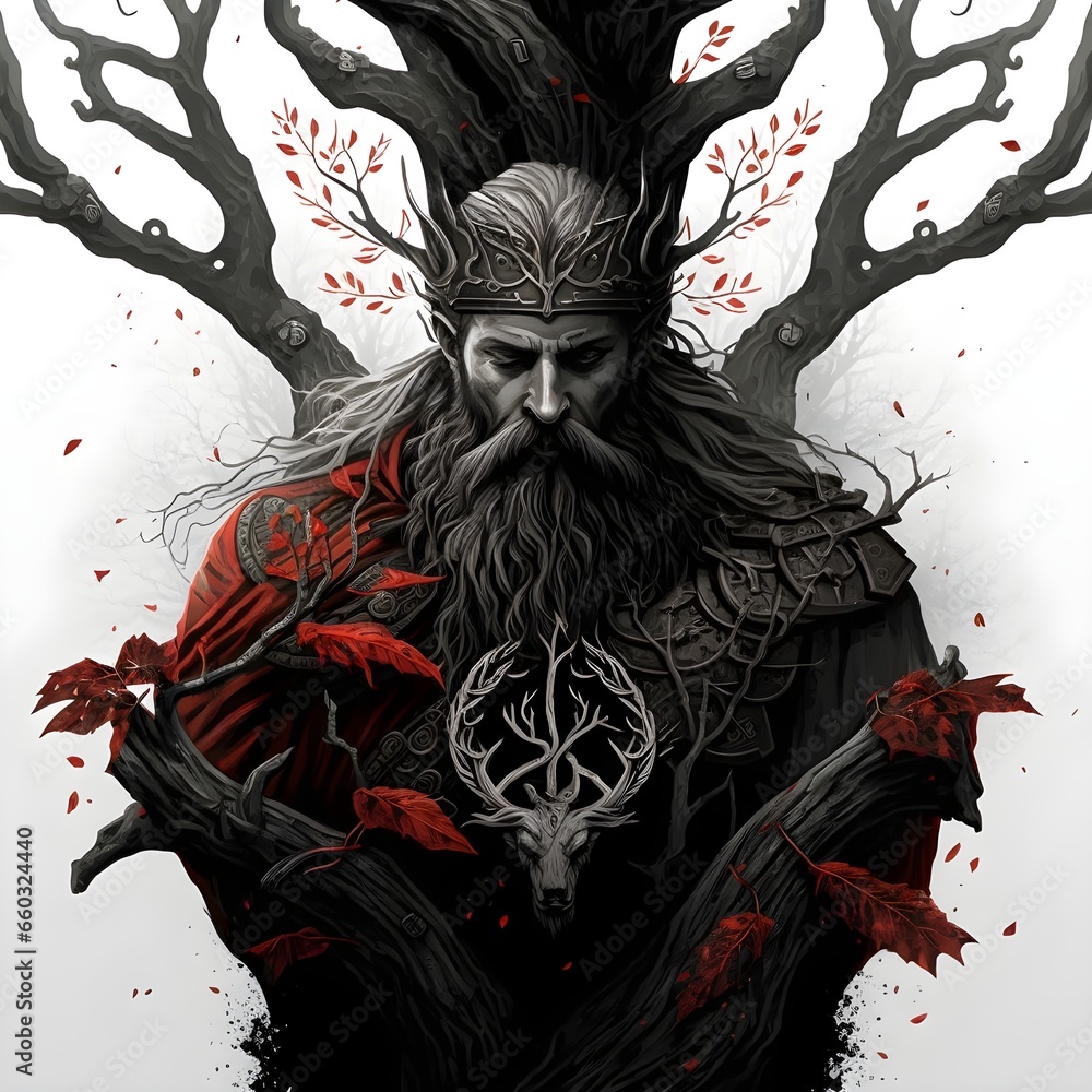 Odin hangs from a branch of Yggdrasil to learn the runes monochromatic ...