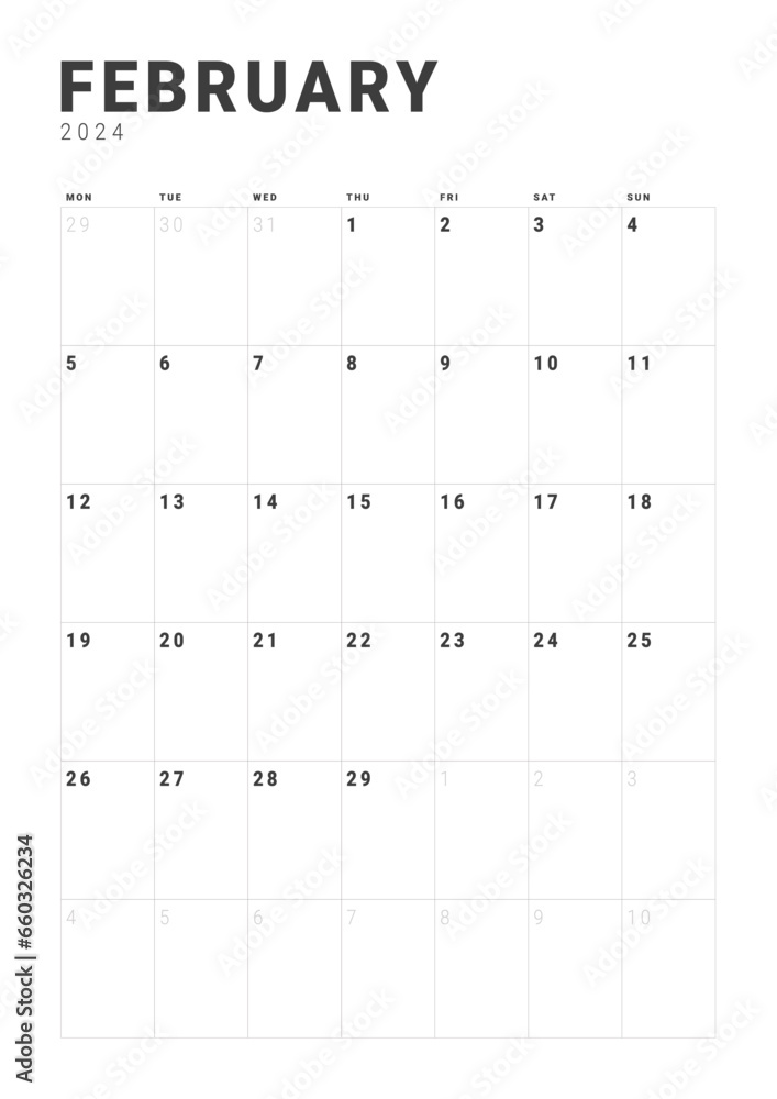 Monthly page Calendar Planner Templates of February 2024. Vector layout ...