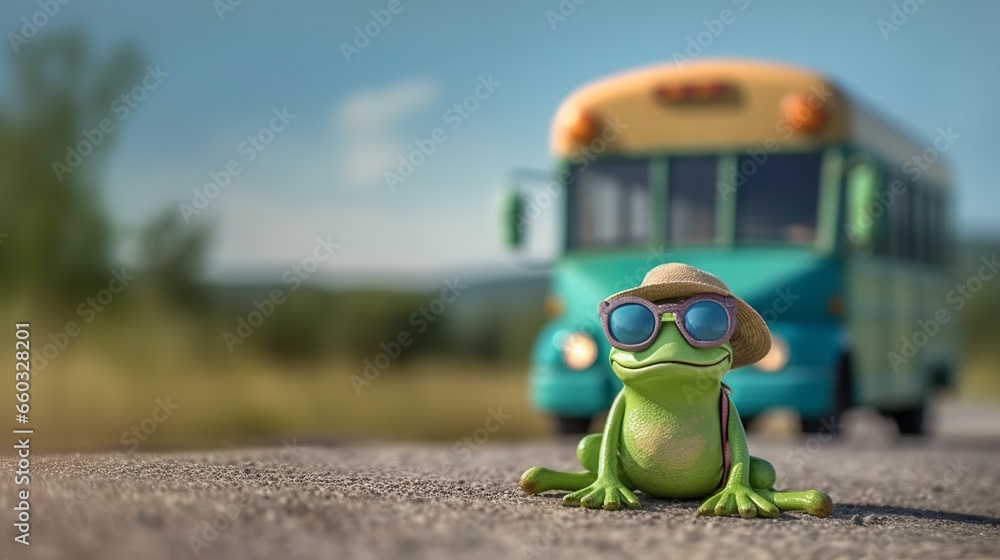 Cartoon green frog wearing denim overalls and bus driver hat, big rig ...