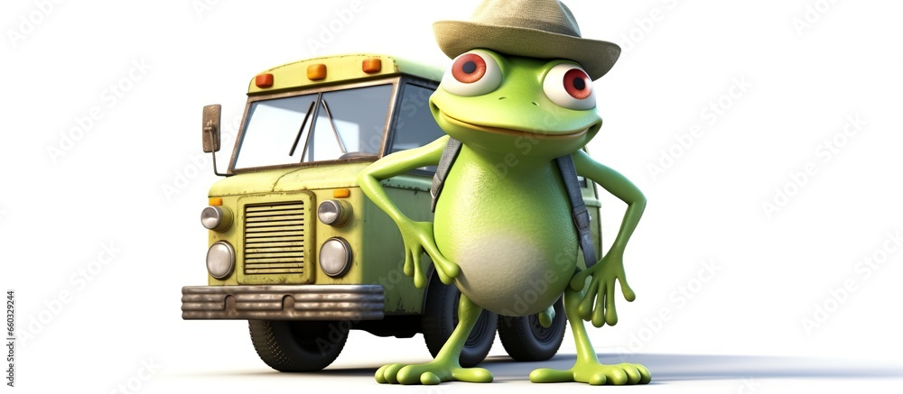 Cartoon green frog wearing denim overalls and bus driver hat, big rig ...