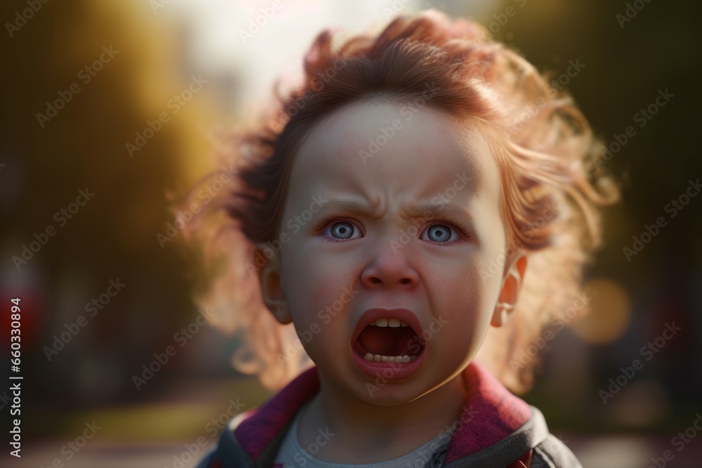 Exaggerated toddler reaction. Screaming angry little kid face. Generate ...