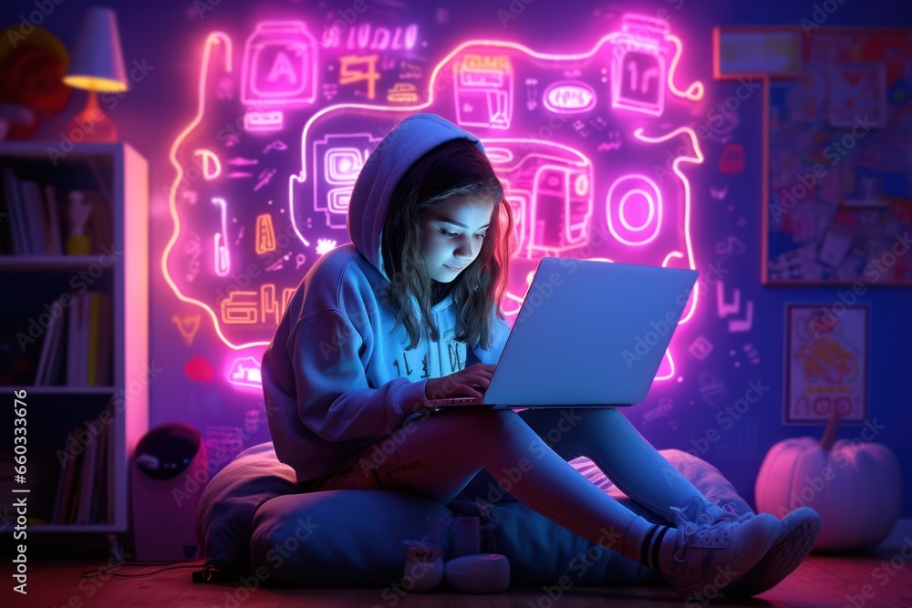 Front view of a teenager girl in his room with neon light in front of a ...