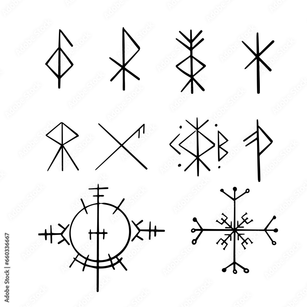 Nordic celtic runes, set norse protection symbols in doodle style ...